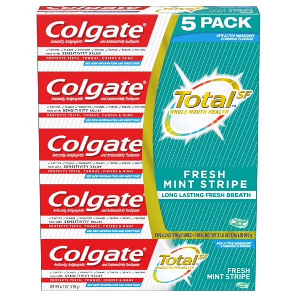 Product of Colgate Total Toothpaste Fresh Mint Stripe Gel 5 Pk. 6.3 oz ...