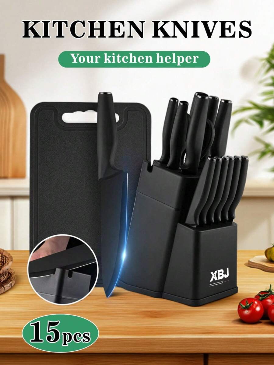 Professional 15-Piece Kitchen Knife Set with Block and Sharpener, High ...