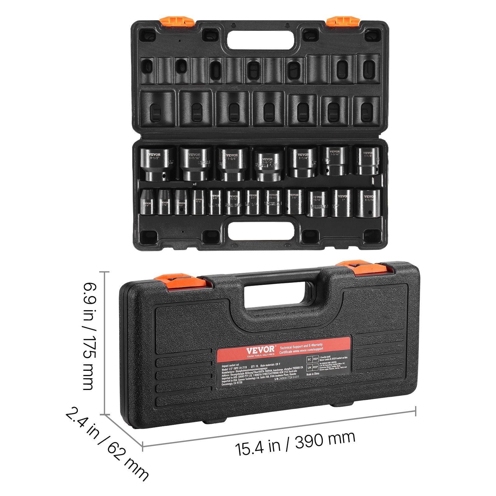 Professional 19-Pc 1/2" Impact Socket Set, SAE 6-Point Hex Sockets (3/8 ...