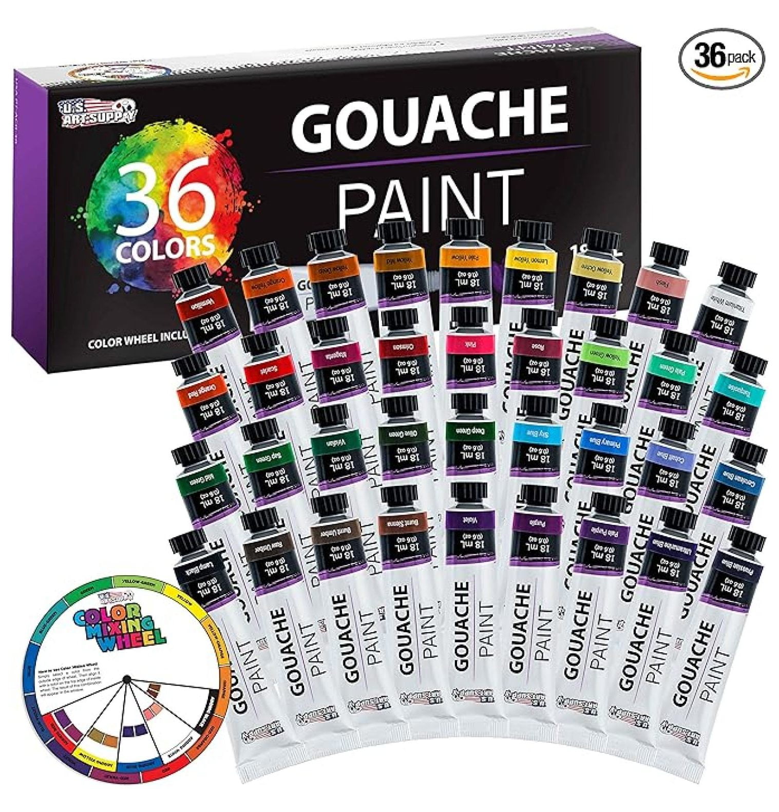 Professional 36-Color Gouache Paint Set in Large 18ml Tubes & Color ...