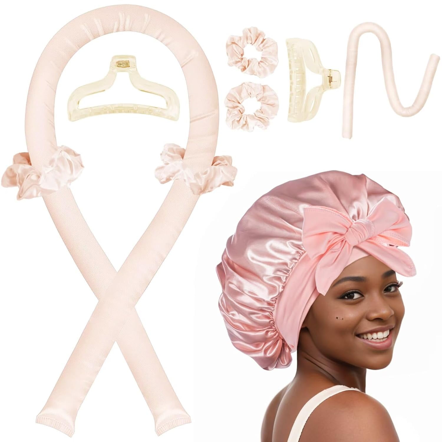 Professional 5-Piece Heatless Hair Curler Set with Silk Satin Bonnet ...