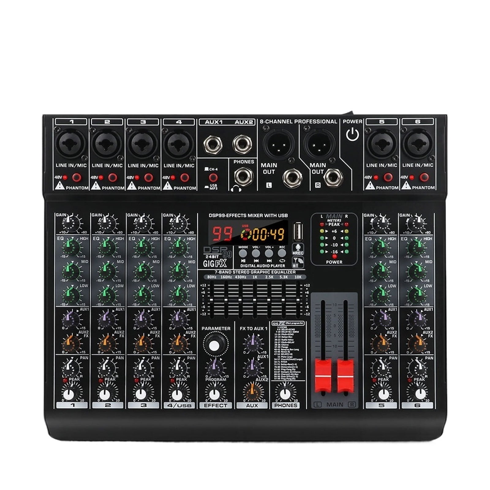 Professional 6 Channel Audio Mixer With 99 DSP Effects,7-band EQ,48V ...