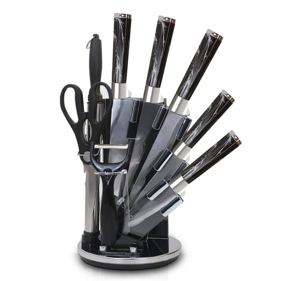 Professional 9-Piece Kitchen Knife Set with Rotating Stand & Sharpener - Ergonomic Octagonal ...