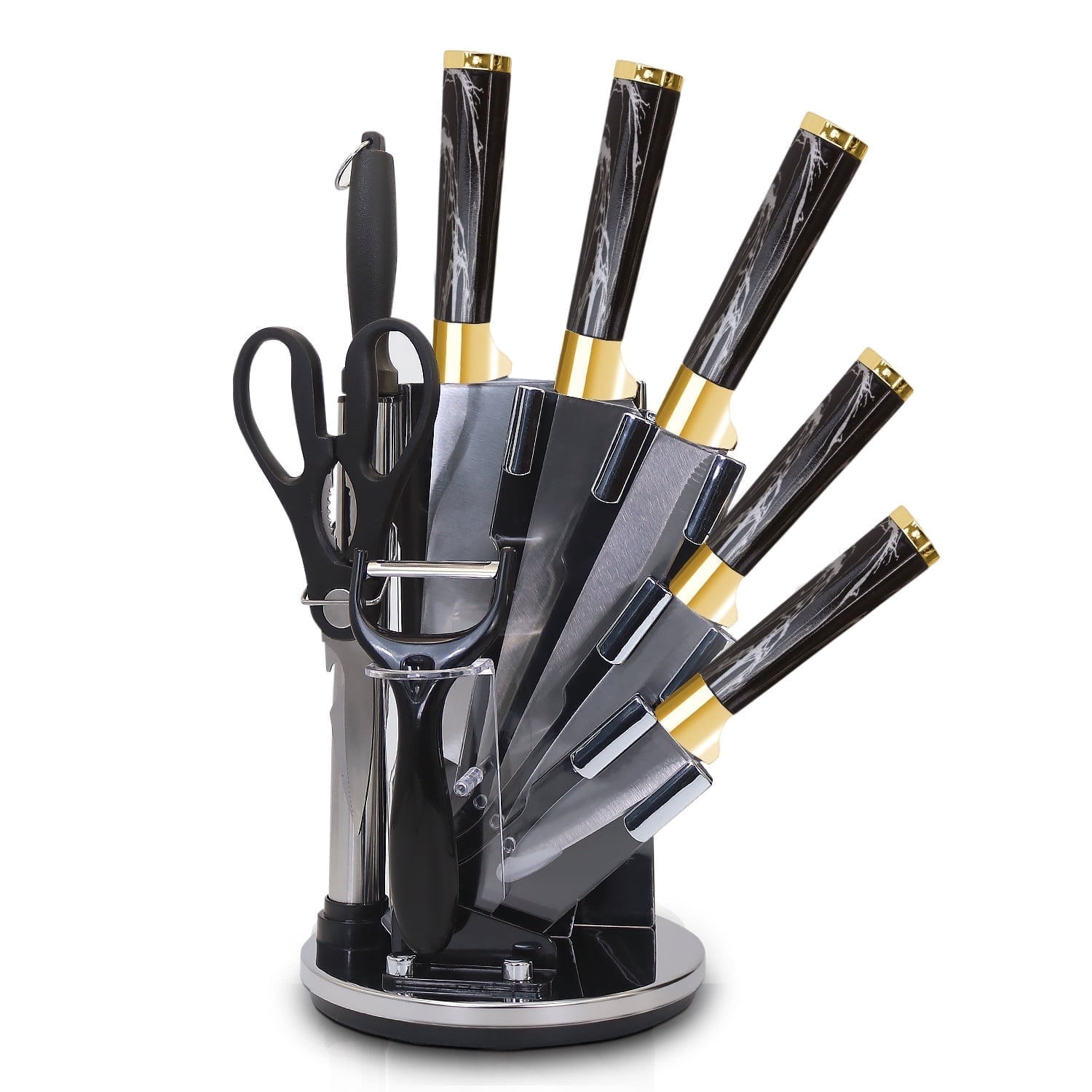 Professional 9-Piece Kitchen Knife Set with Rotating Stand & Sharpener ...