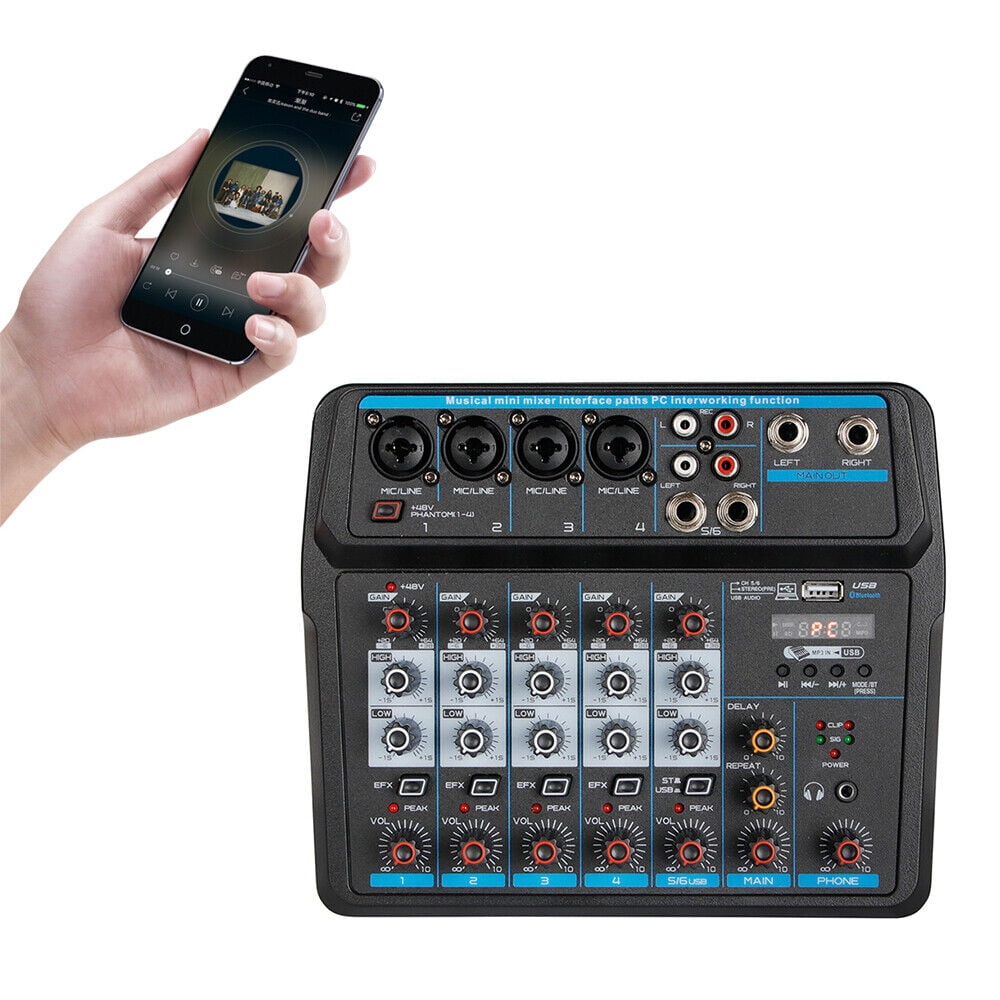 Professional Audio Mixer 6 Channel Digital Mixer, Bluetooth Sound Board DJ LED Mixers with 48V ...