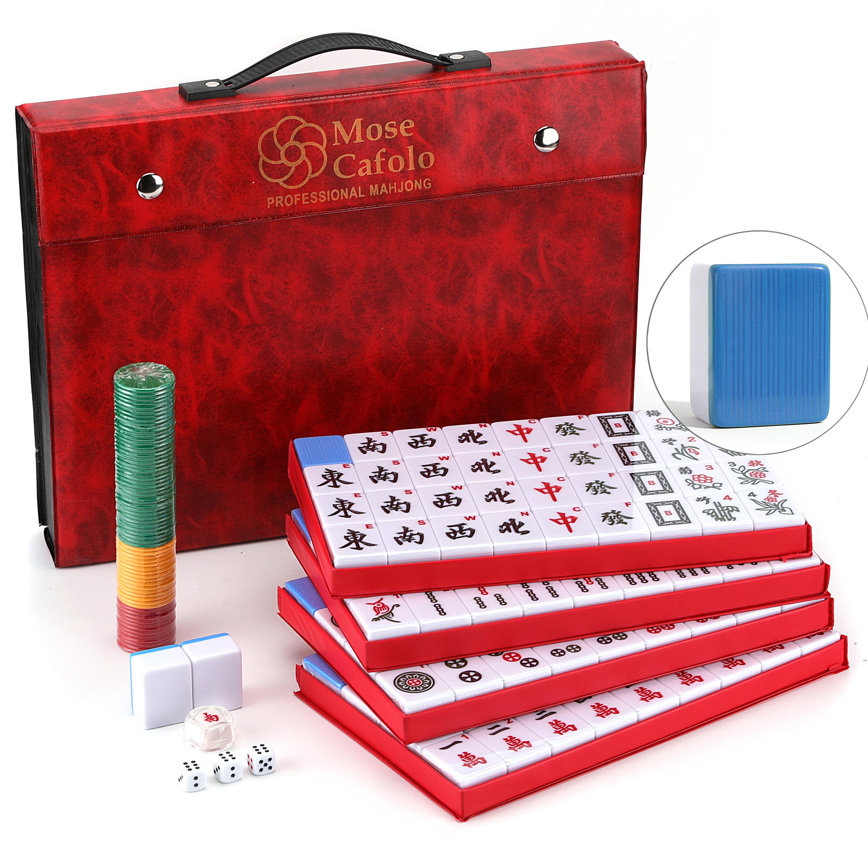 Professional Chinese Mahjong Set, 146 Large Blue Tiles with Travel Case, English Instructions ...