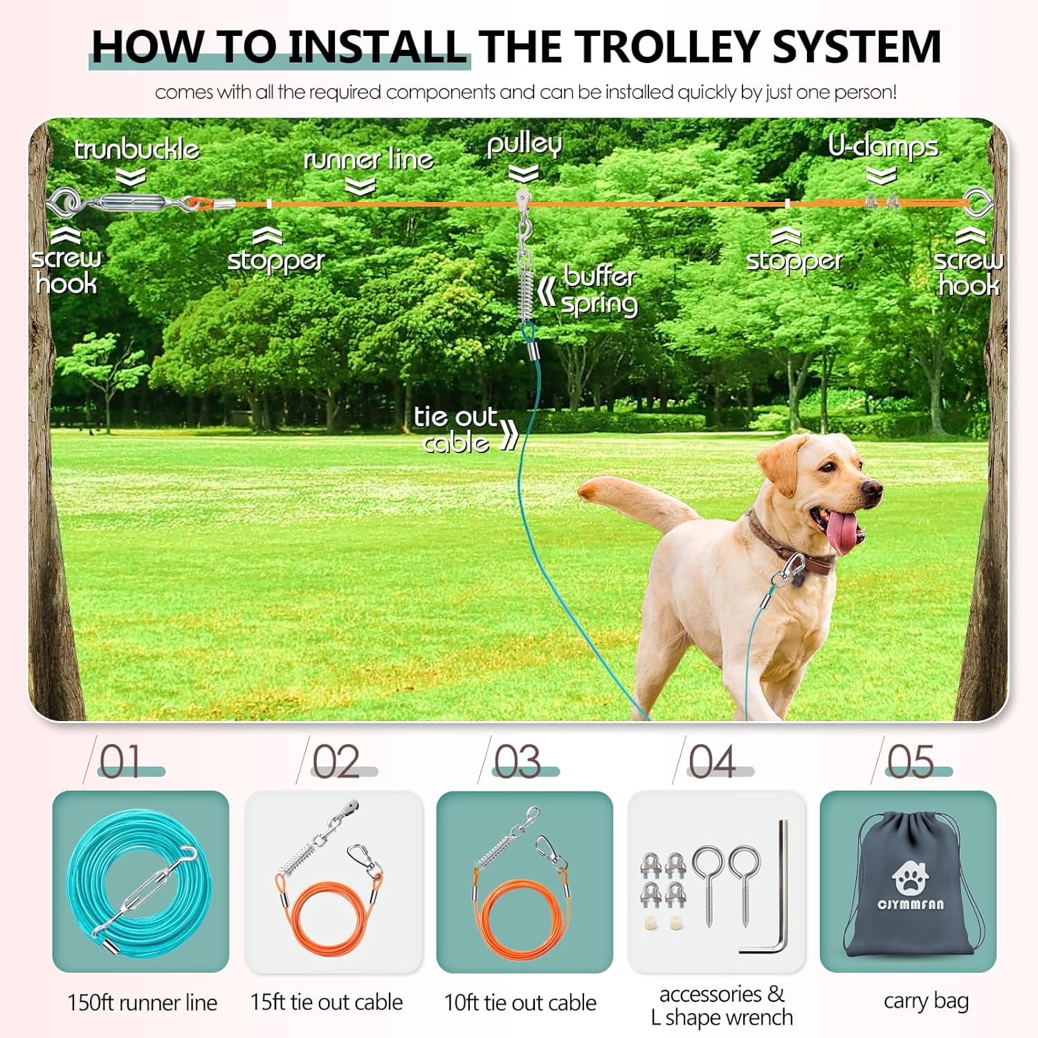 Professional Dog Runner Trolley System, Heavy Duty & Adjustable 150ft ...