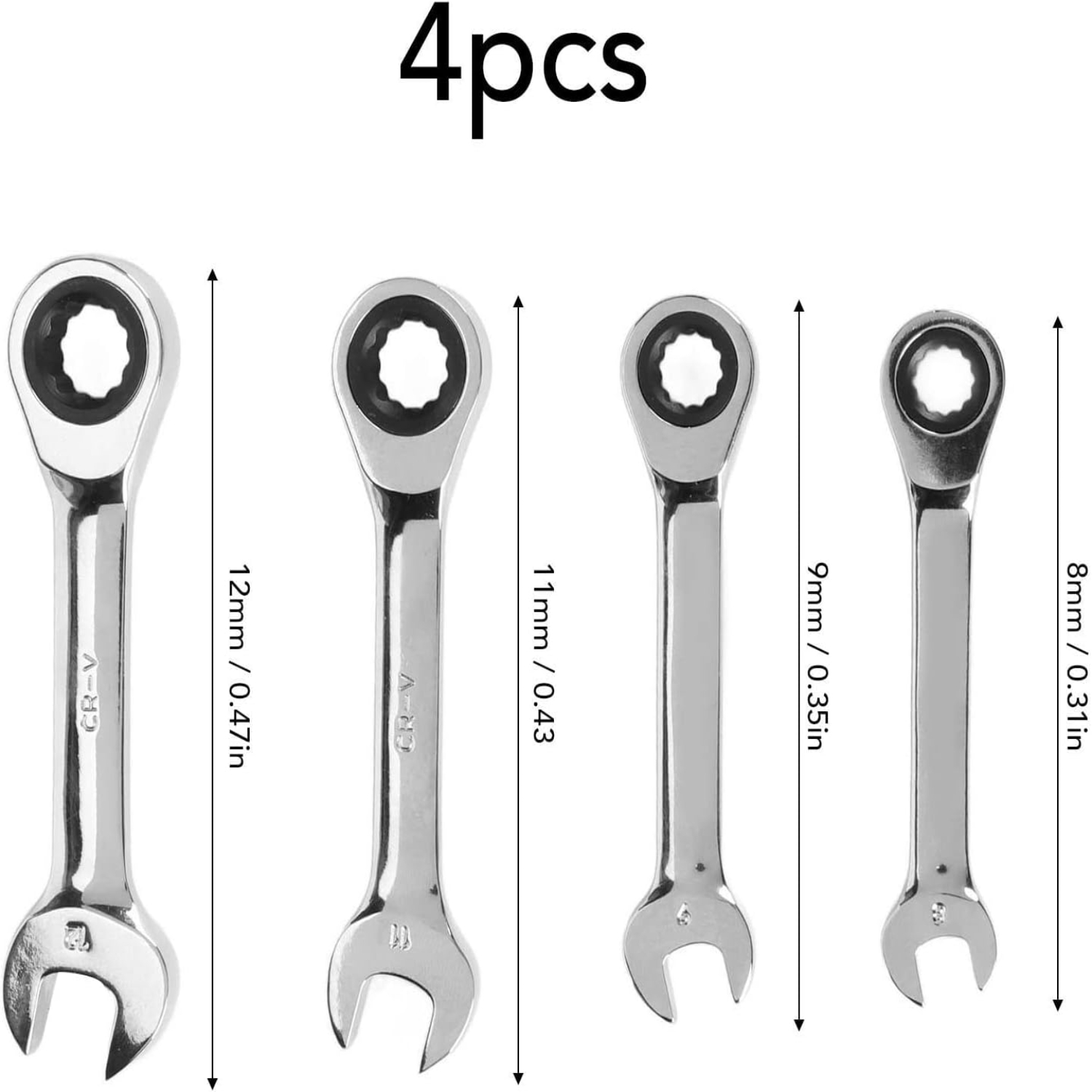 Professional Grade Durable Stubby 4-Piece Reversible Ratcheting Wrench Set - Compact Design with ...