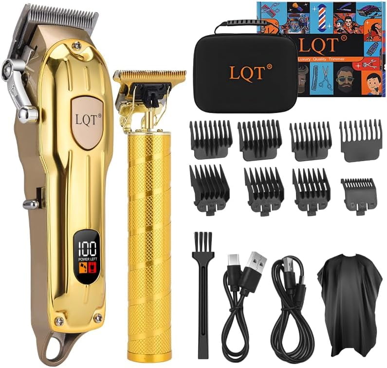 Professional Hair Clipper Set, Gold, LED Display, with Trimmer, 8 Guide ...