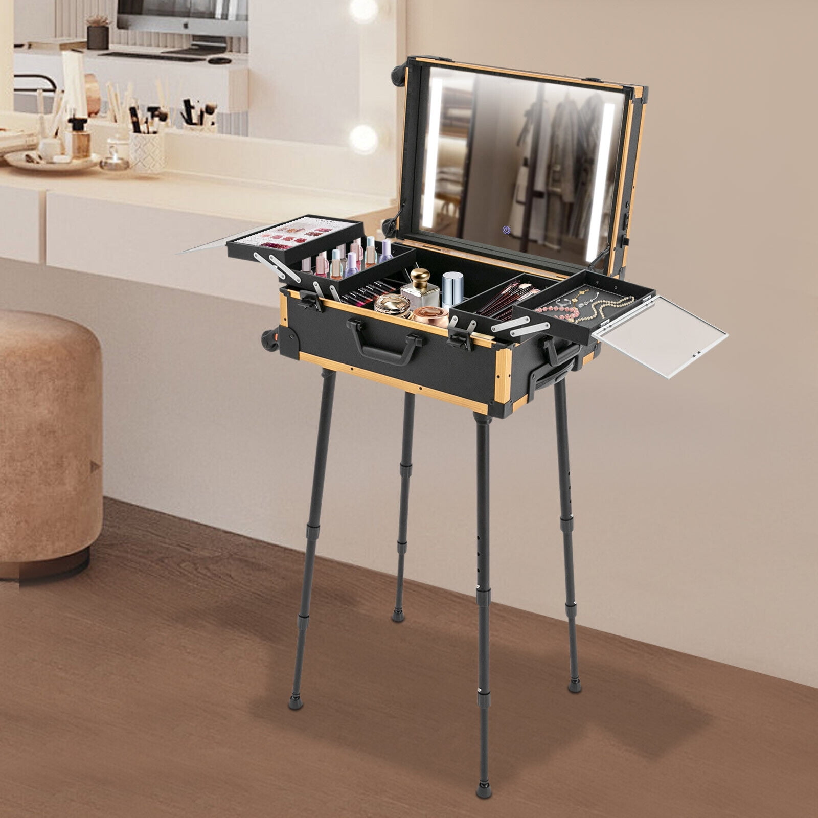 Professional Makeup Trolley Case with LED Mirror & Adjustable Lights ...