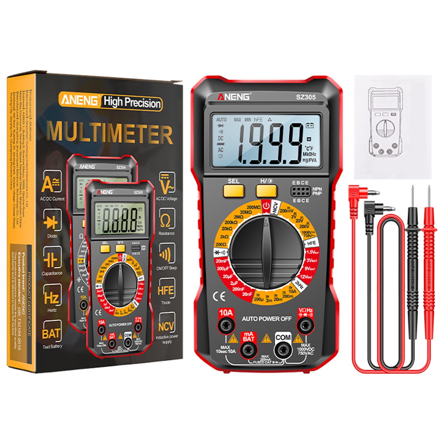 Professional Multimeter Capacitor Tester 1999 Counts Smart Voltmeter Ohm Meter For Fast And