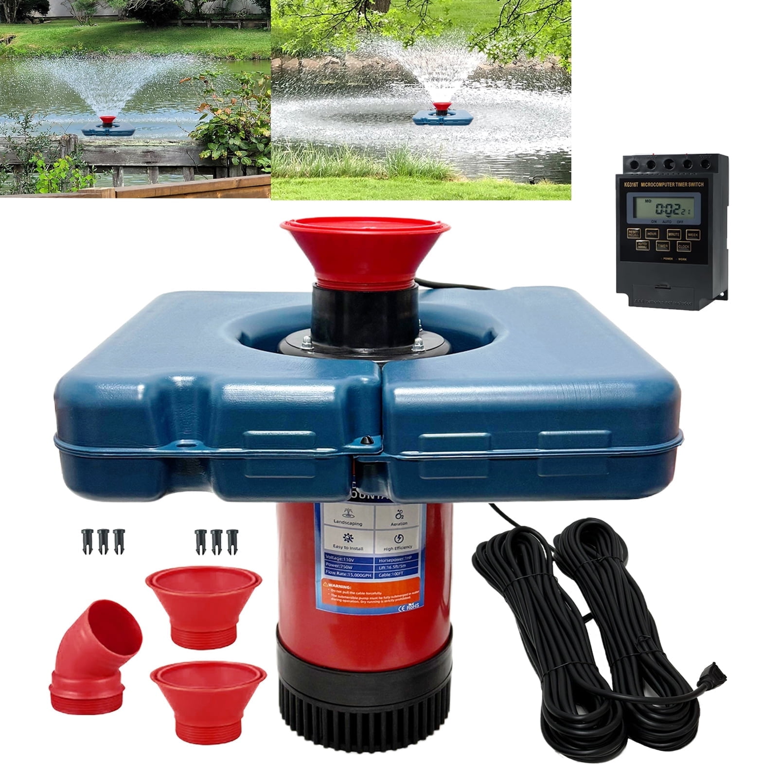 Professional Pond Aerator Fountain System - 1HP 750W 15000GPH High ...
