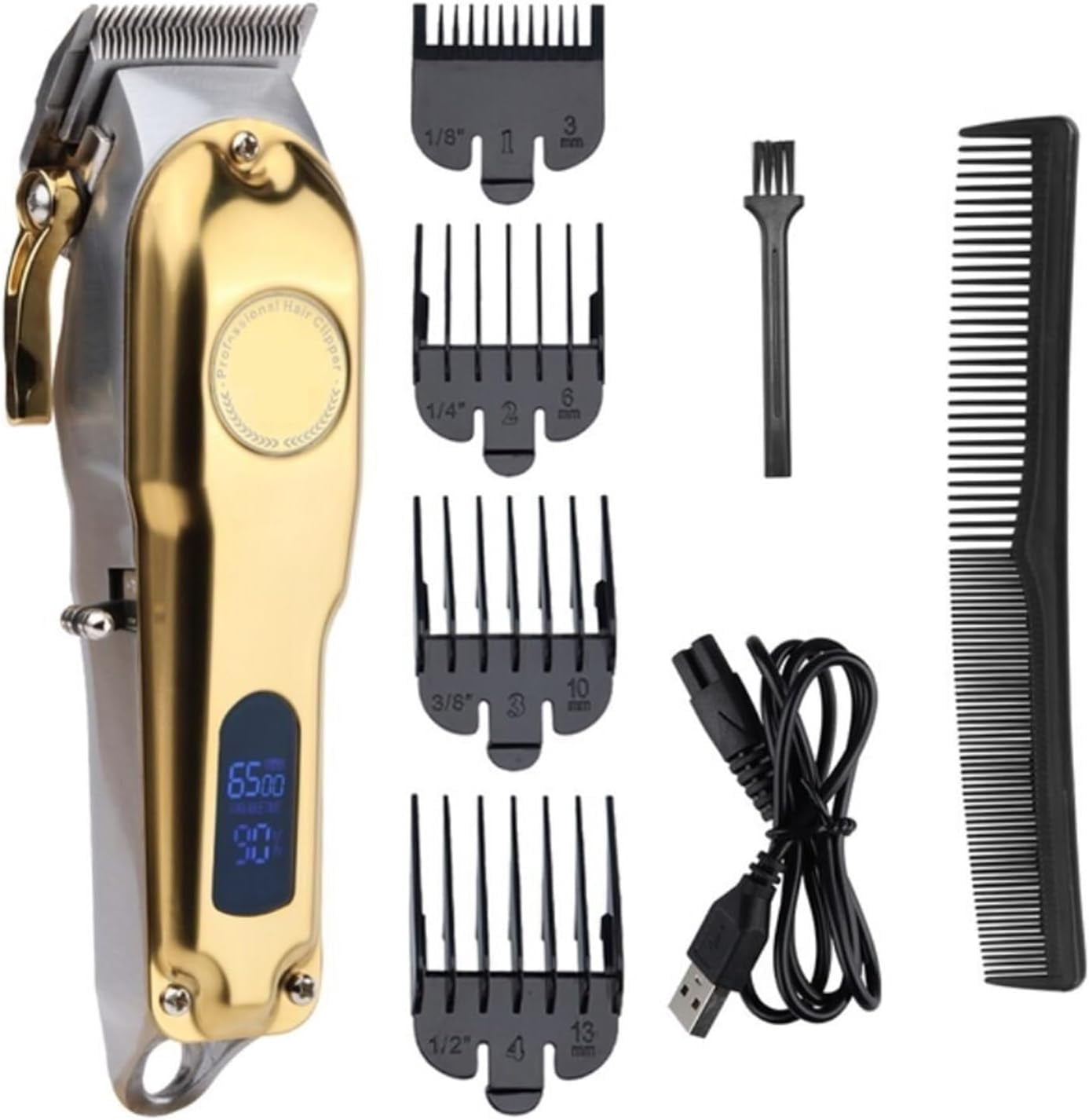 Professional Rechargeable Metal Hair Clipper for Men - Gold Electric Hair Trimmer Machine with ...