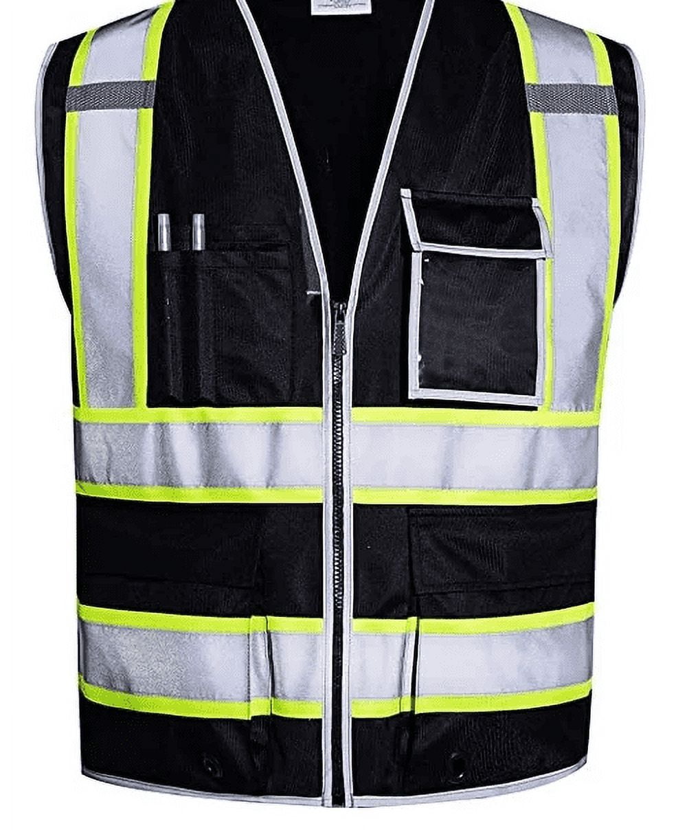 Reflective Work Vest, 10 Pockets, High Visibility, Black, Safety Vest ...