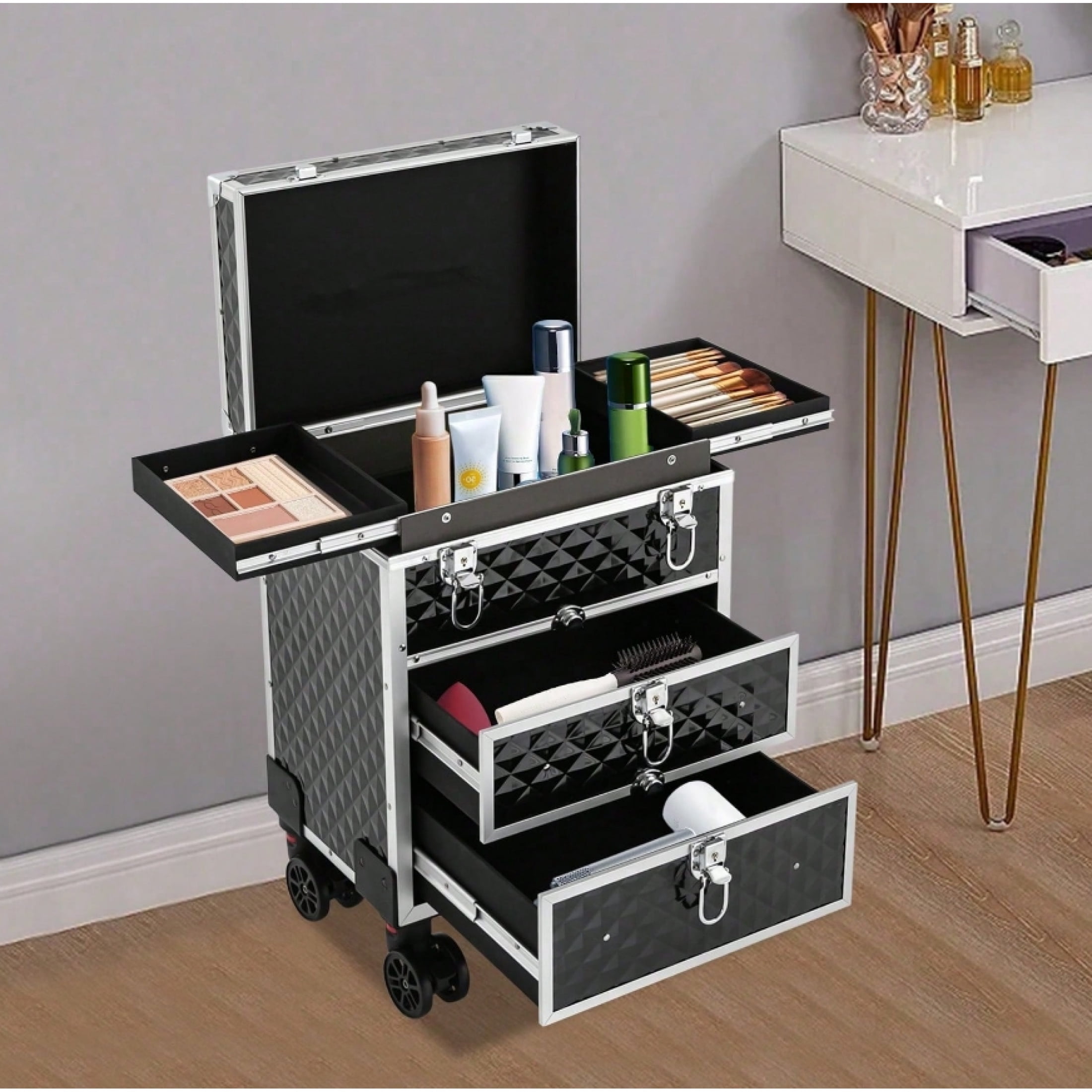 Professional Rolling Makeup Case, Cosmetic Organizer With Sliding ...