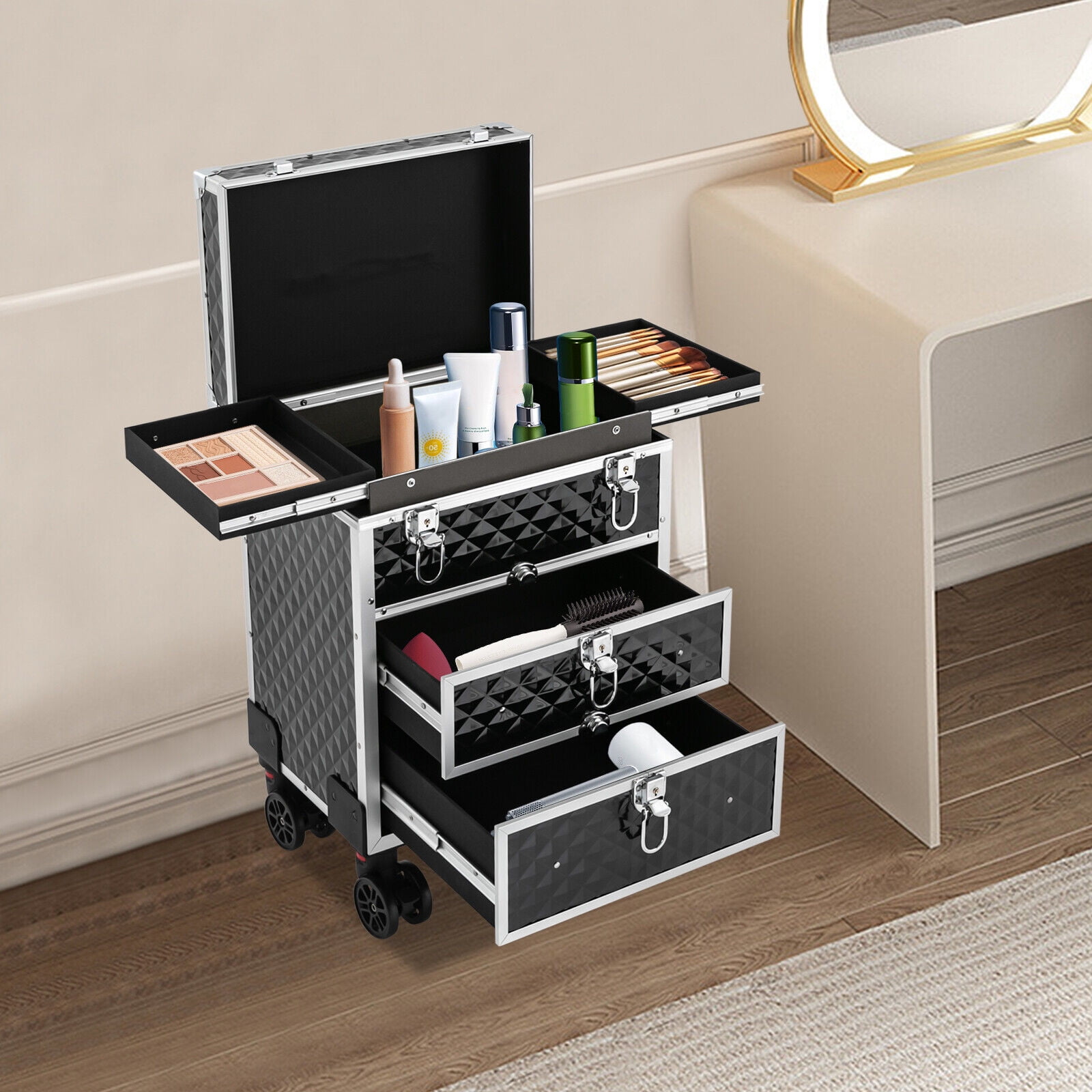 Professional Rolling Makeup Case Train Case Cosmetic Trolley Cosmetic ...