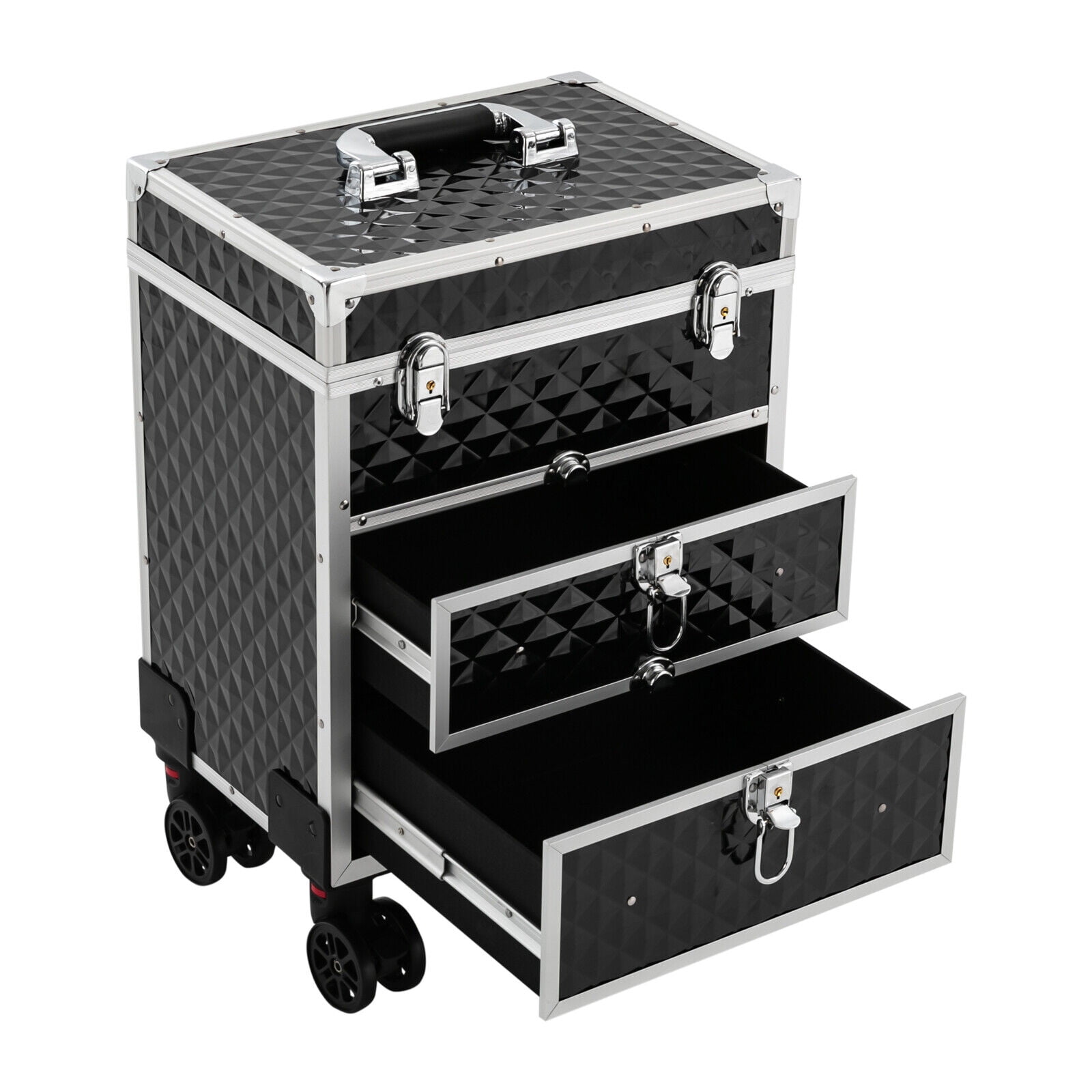 Professional Rolling Makeup Luggage Case with Sliding Drawers - Black ...