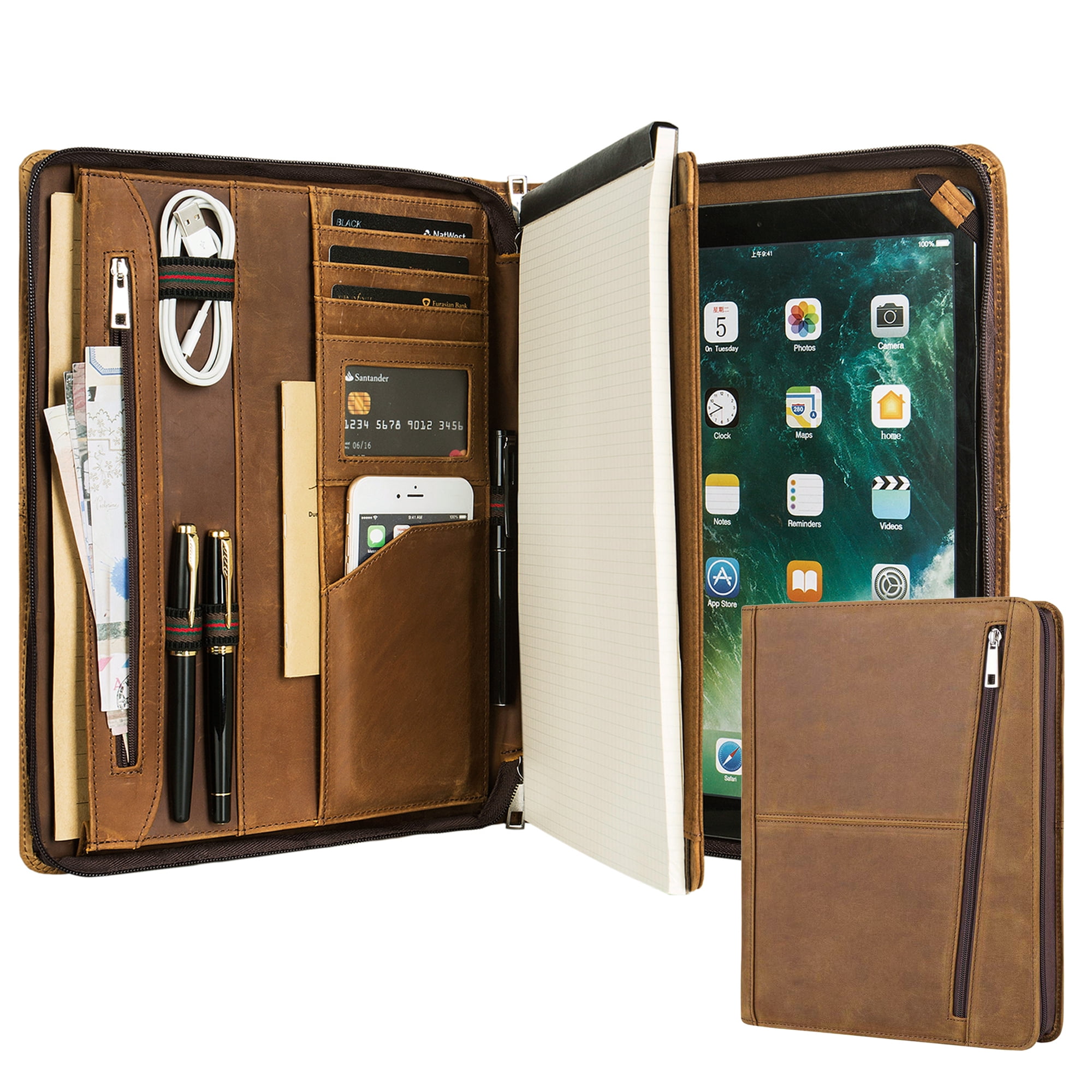 Professional Slim Padfolio Organizer Genuine Leather Compact Portfolio ...
