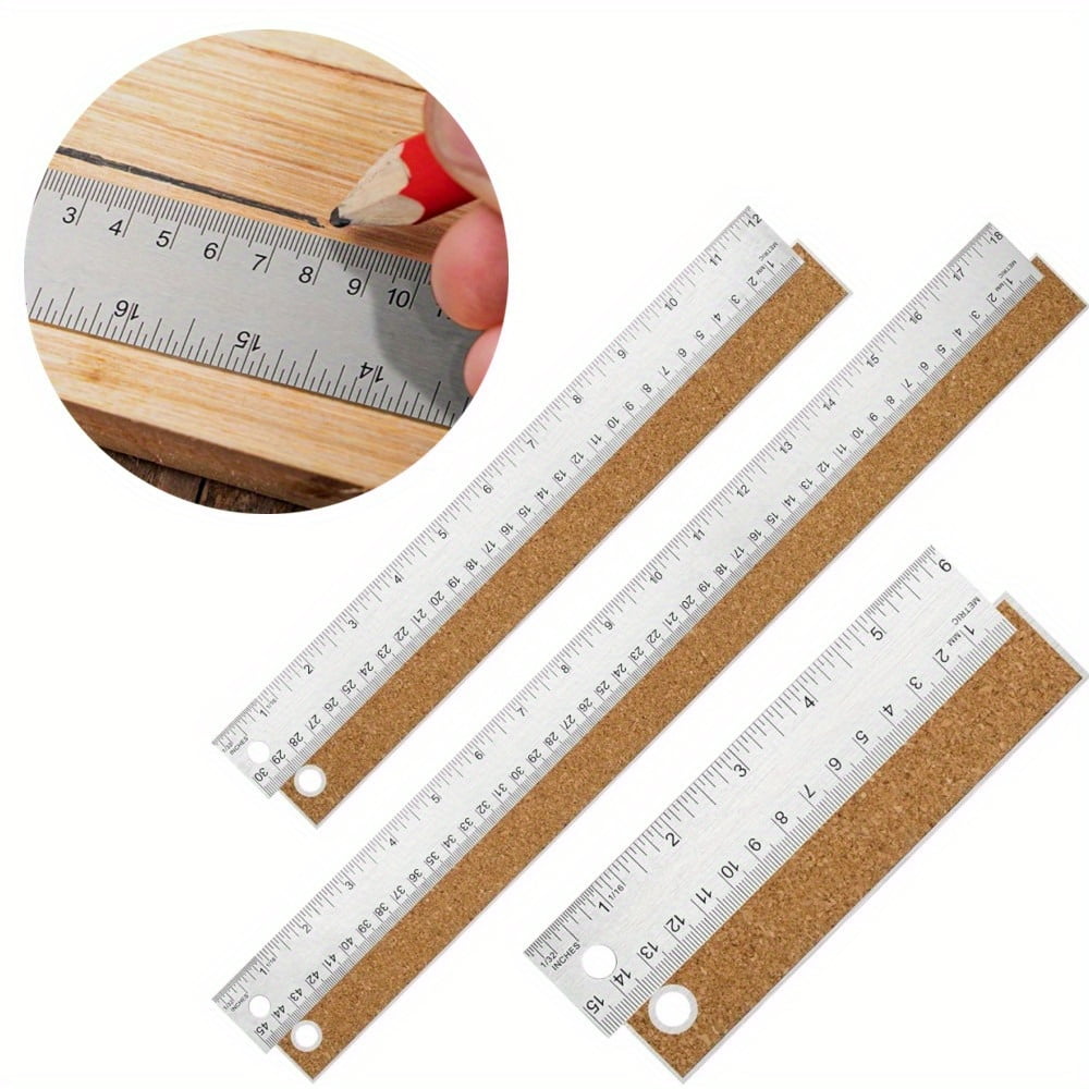 Professional Steel Ruler Set 3-Pack, 6/12/18 Inch Metal Rules with Cork ...