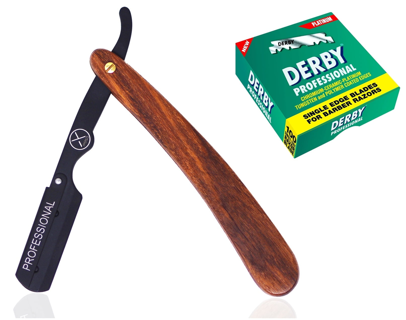 XPERSIS Wooden Handle Straight Edge Razor, 100 Derby Blades, Barber ...