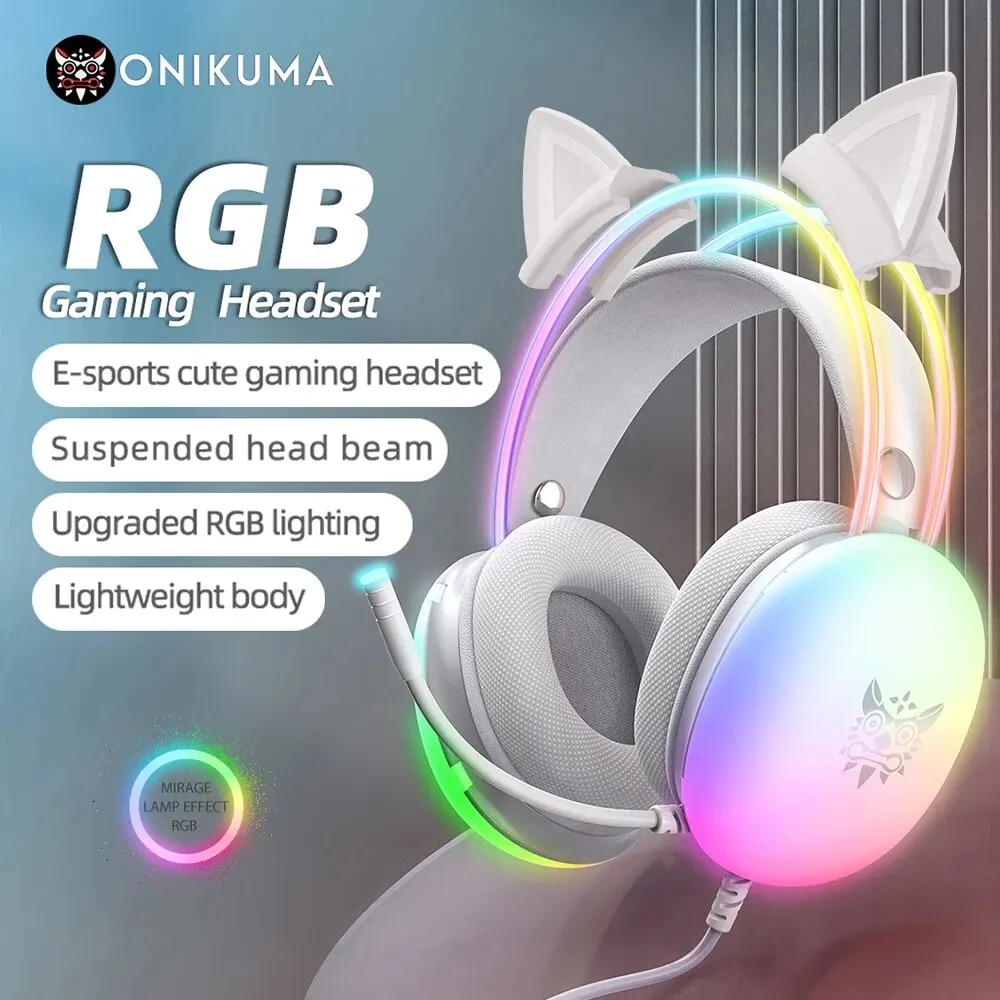 Professions Gaming Headset with Dynamic FULL RGB Light Detachable Cat ...