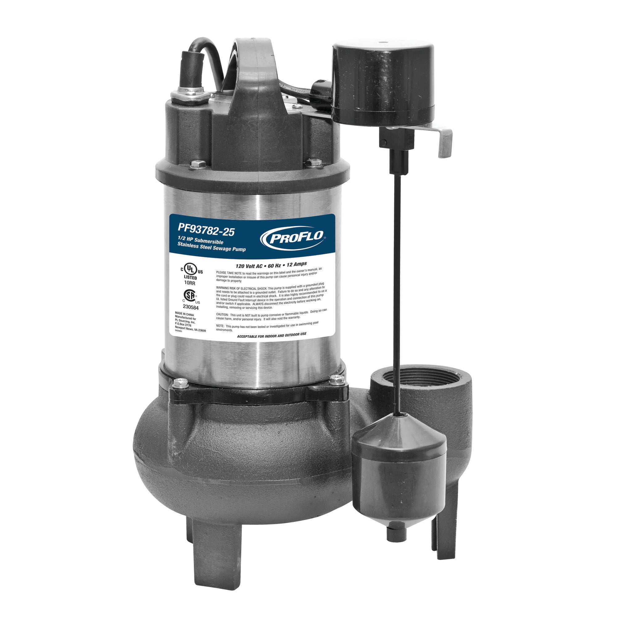 Proflo Pf9378225 1/2 Hp Stainless / Cast Iron Sewage Pump - Walmart.com