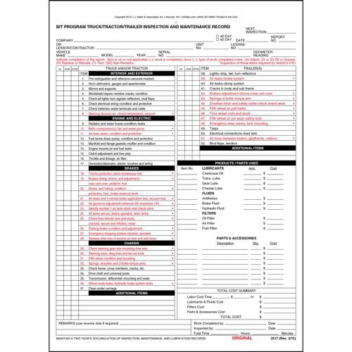 Program Tractor/Trailer/Truck Inspection & Maintenance Record Form 25-pk. - Snap-Out, 3-Ply ...