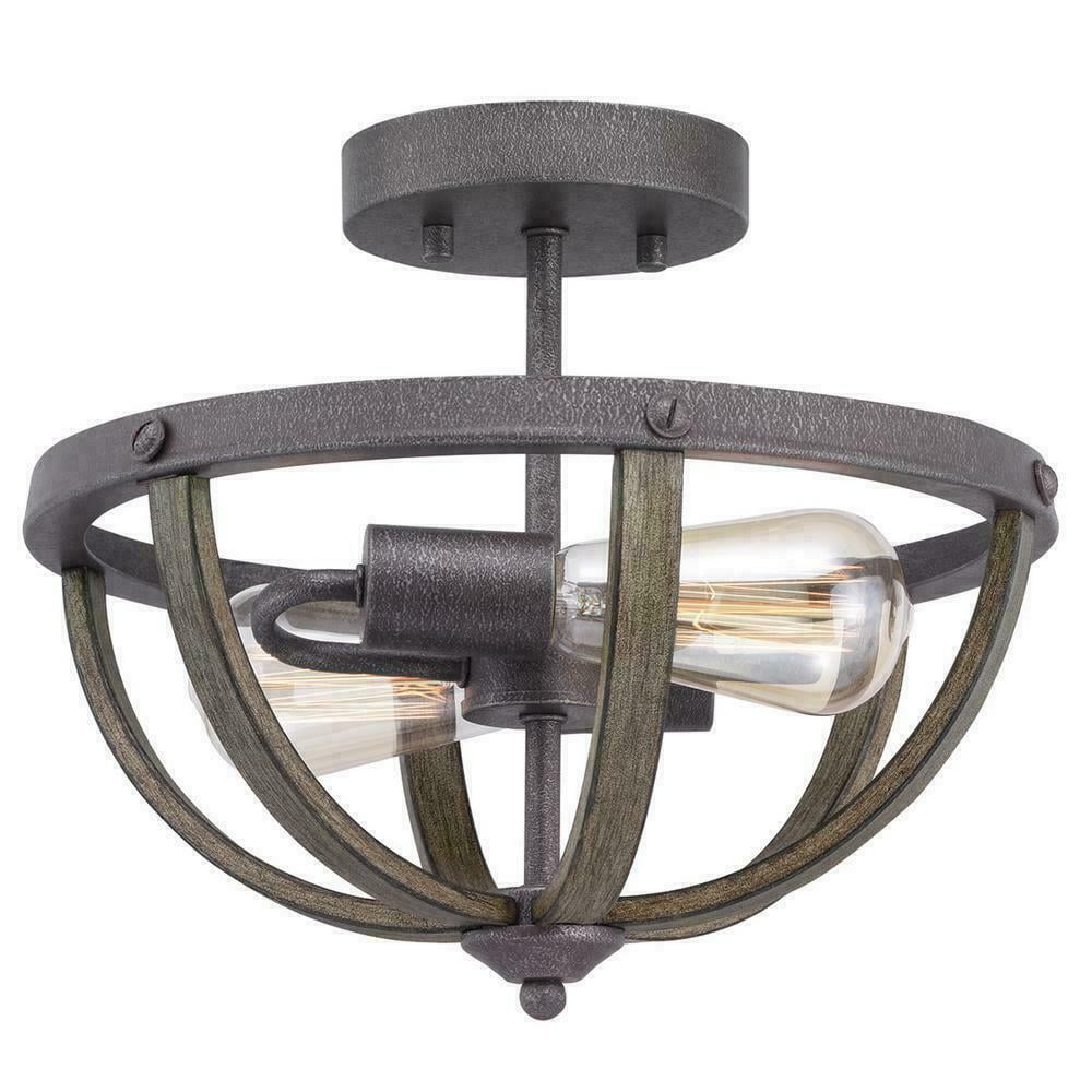 Keowee 13 in. 2-Light Artisan Iron Semi-Flush Mount with Elm Wood ...