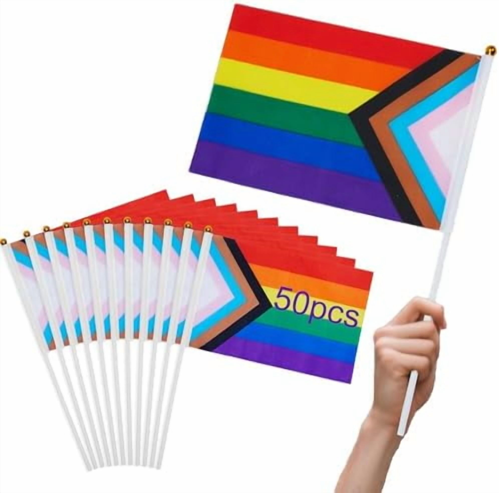 Progress Rainbow Pride Flags, 50 Pack Small Mini Hand Held Stick Flags ...