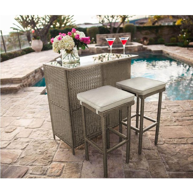 Progressive Furniture Fiesta Wicker Outdoor Bar w/ 2 Stools in Sand/Off ...