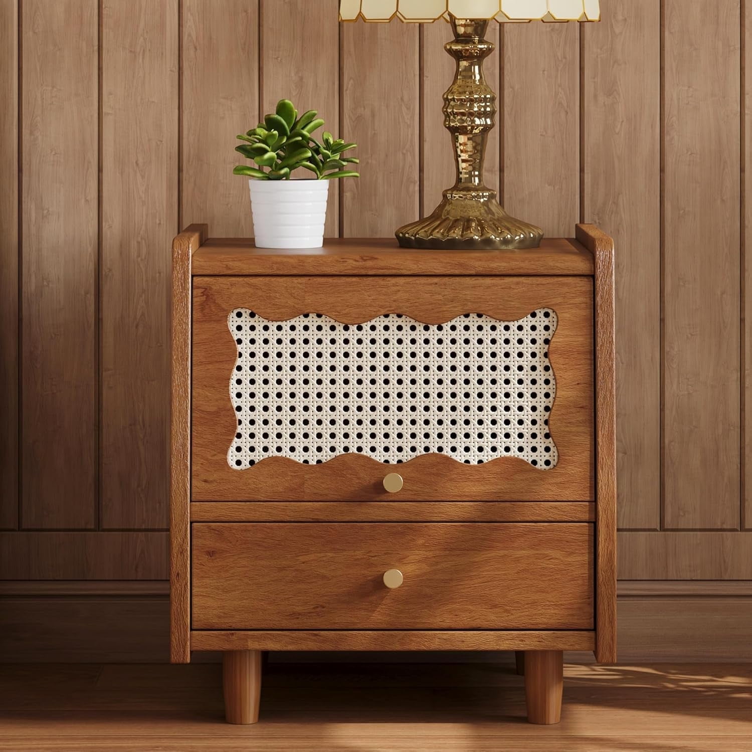 Prohonbec Modern Bohemian Wooden Nightstand with Rattan-Woven Flip Top ...