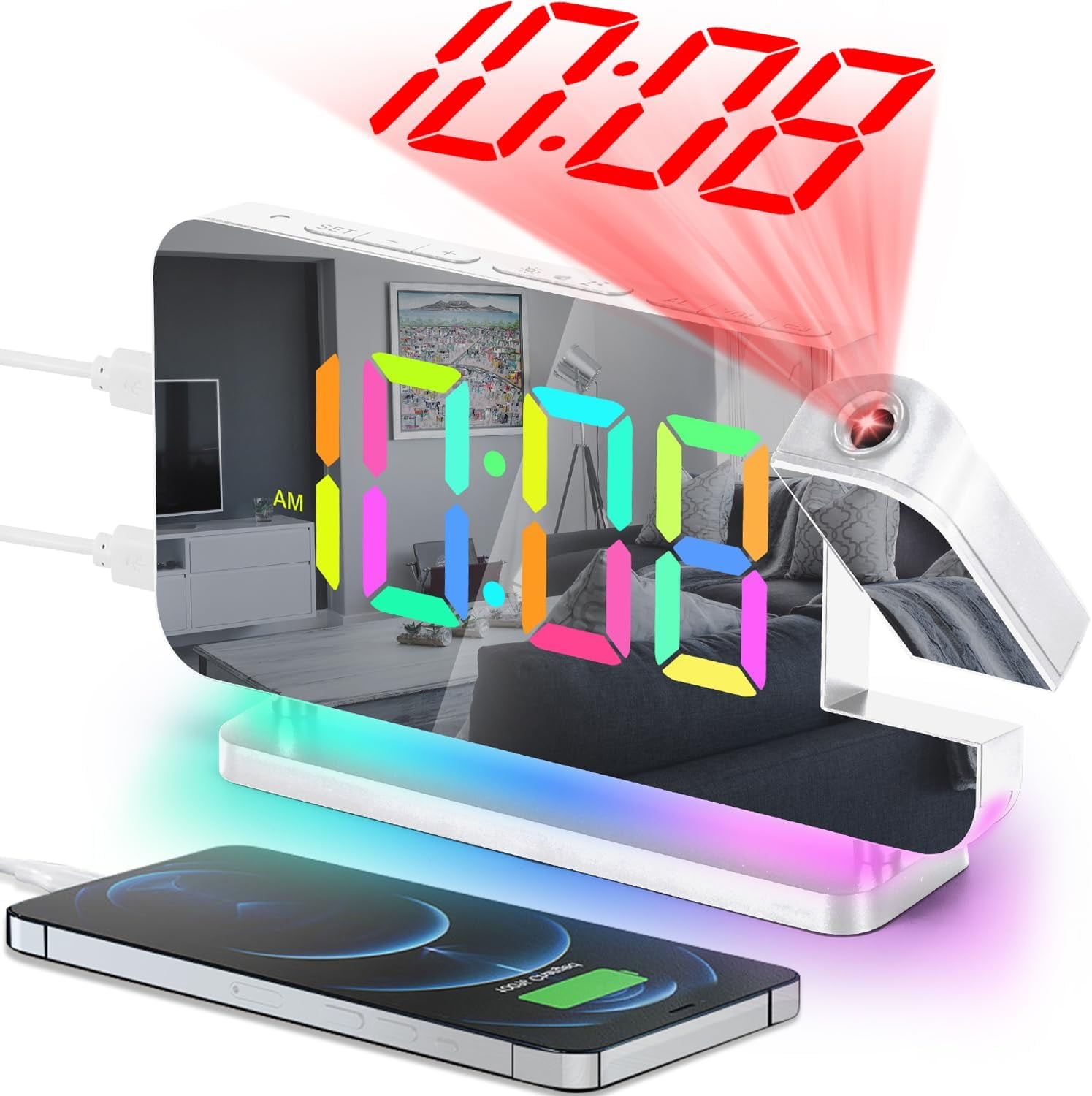 Projection Alarm Clock,7.4" LED Mirror Digital Clocks Large Display ...