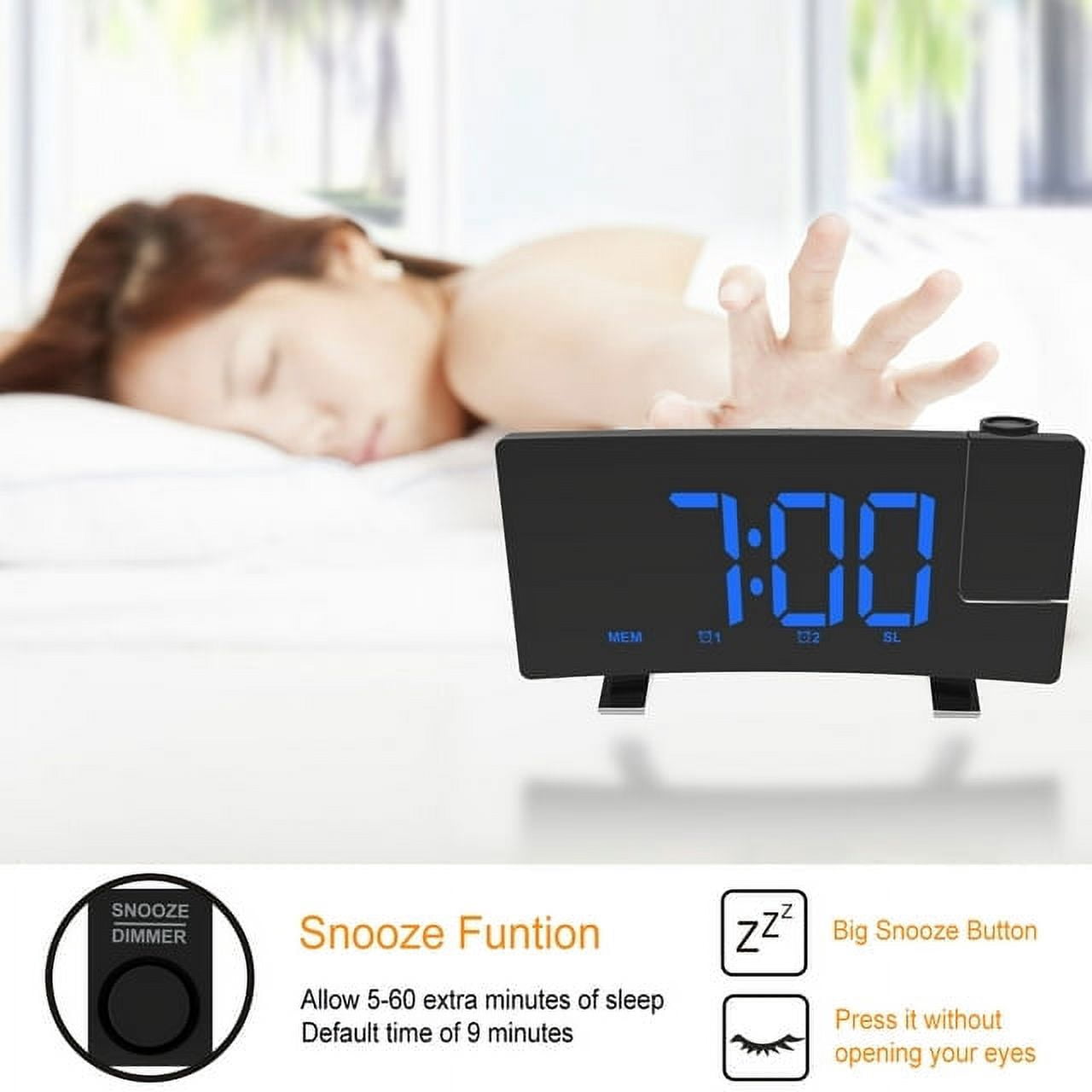 Projection Alarm Clock for Bedroom Ceiling, 7'' LED Curved Screen ...