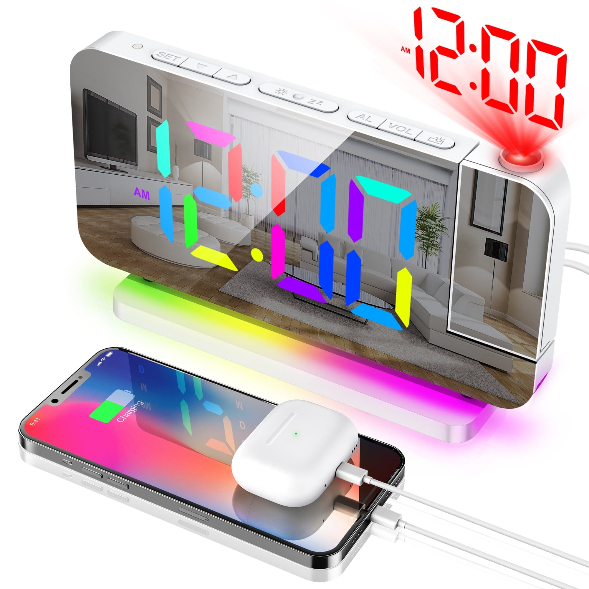 Bedroom Projection Alarm Clock, 7.4” Display, USB Port, RGB Light, Auto ...