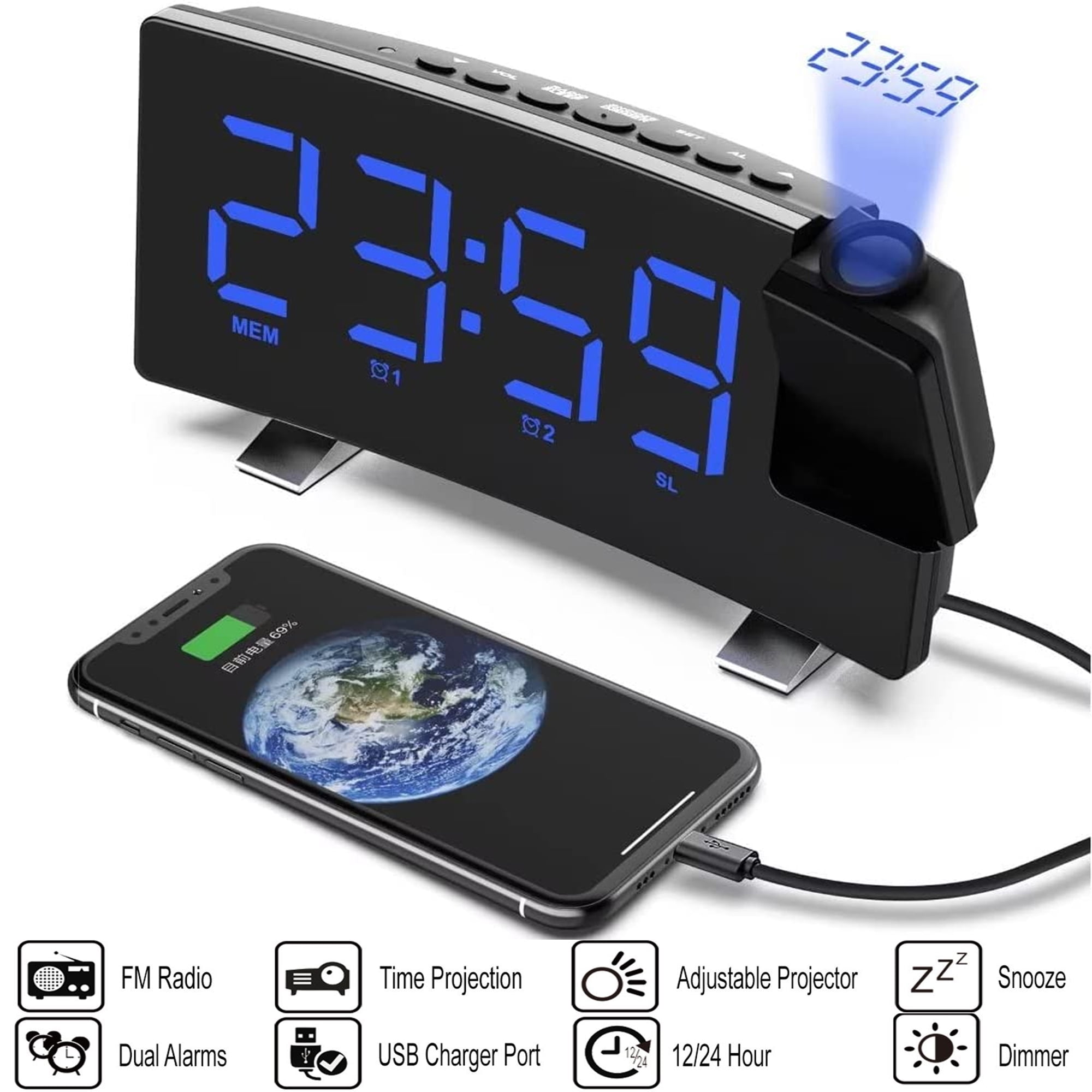 Dimmable Electric Projection Alarm Clock for Bedroom with USB Phone ...