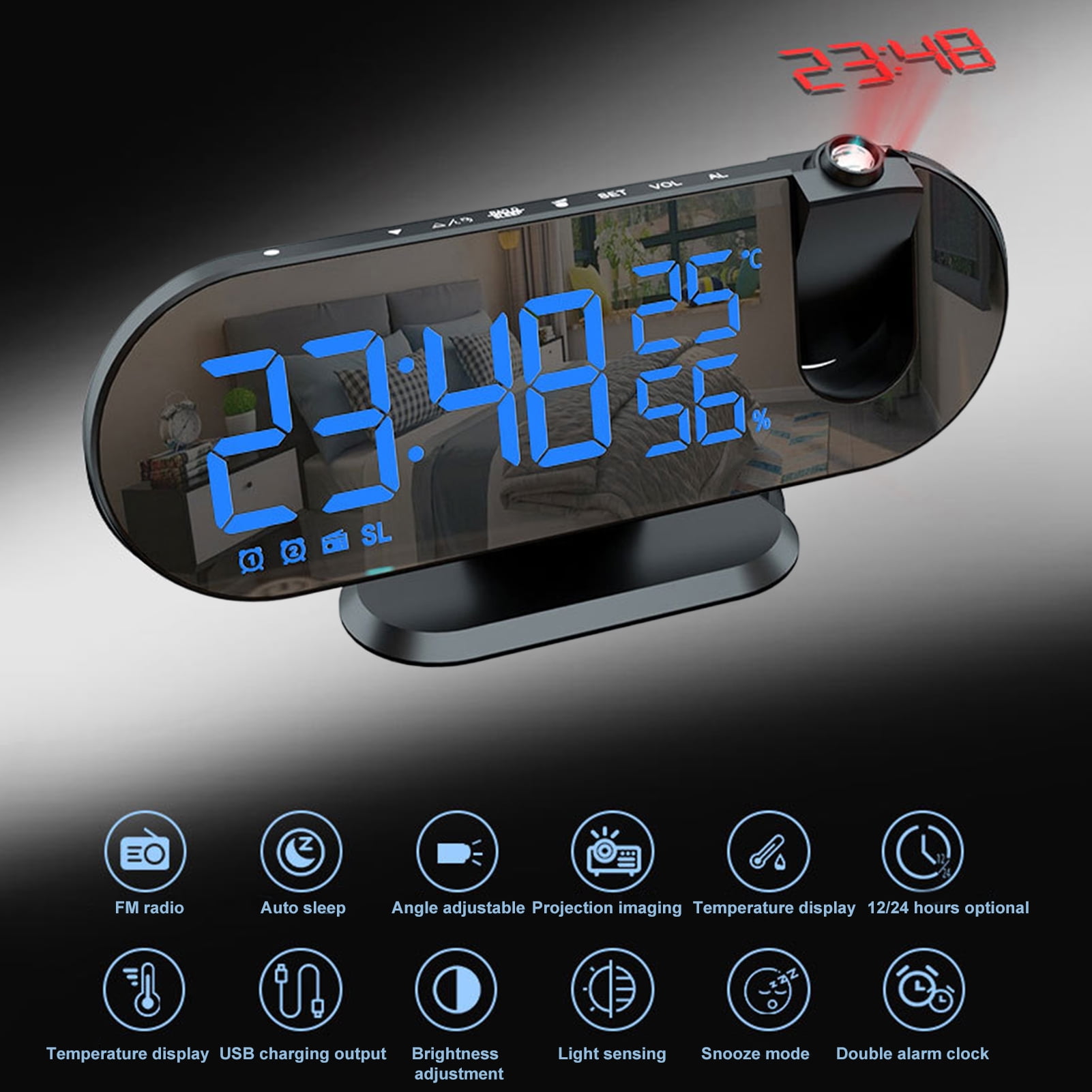 Projection Alarm Clock for Bedrooms Ceiling, Alarm Clock Radio with USB ...