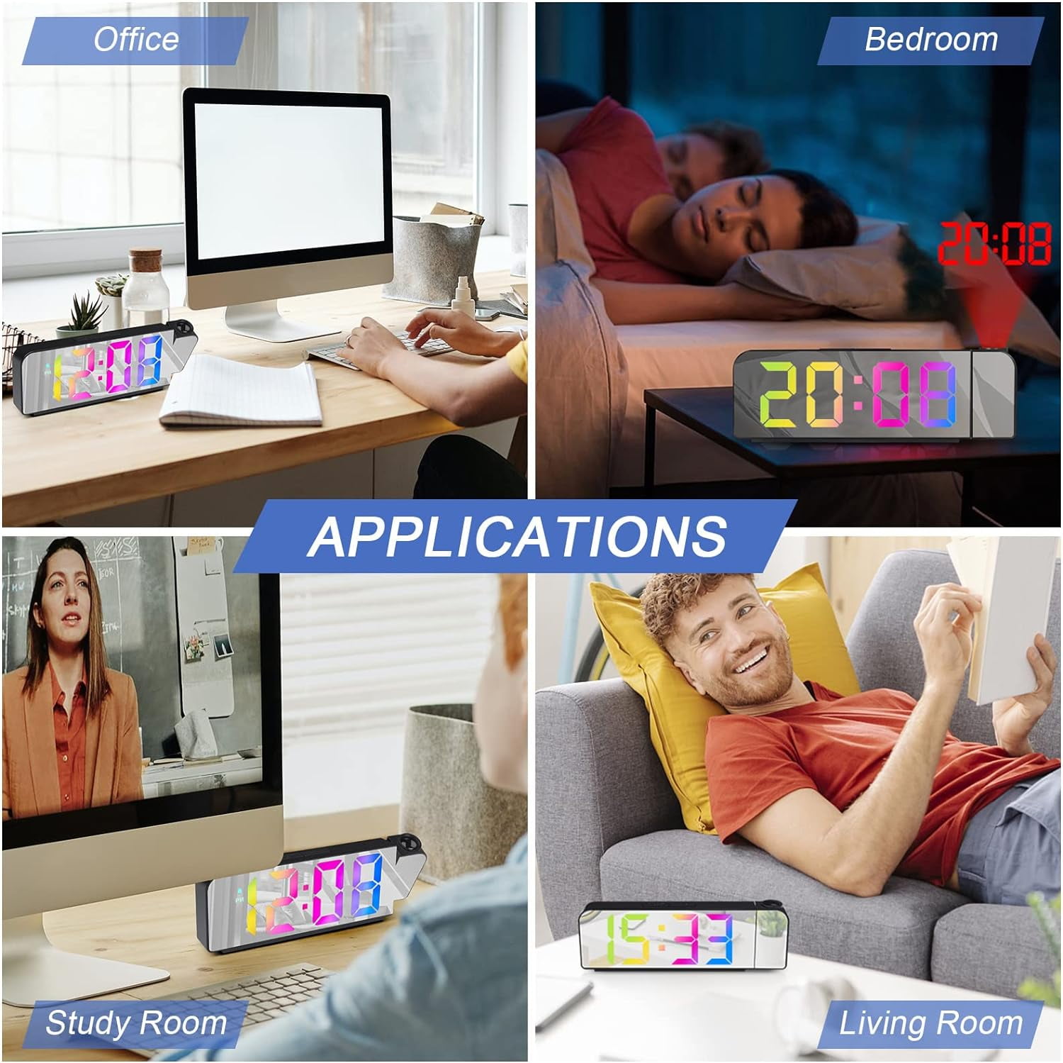 Projection Alarm Clock, Colorful LED Clock for Bedroom, Digital ...