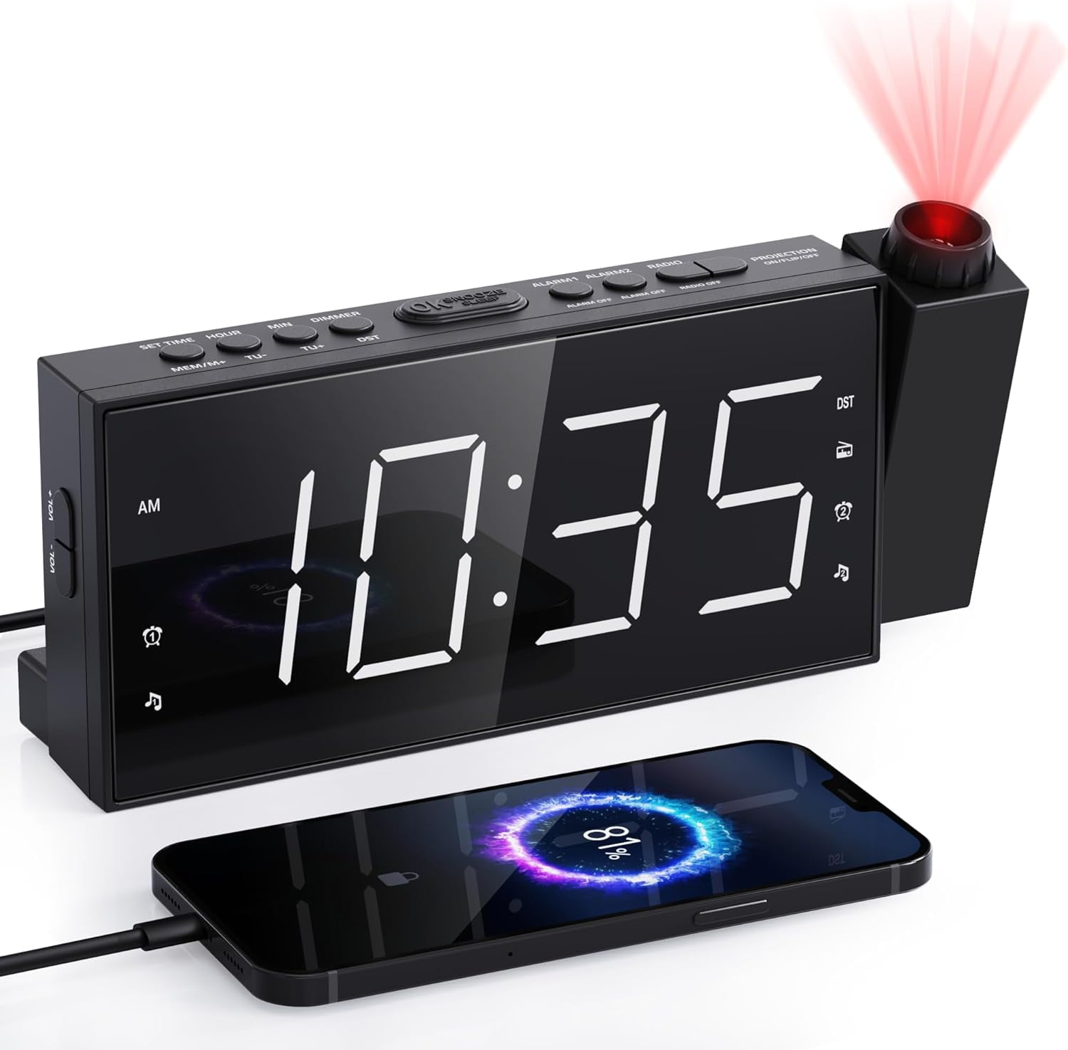 Projection Alarm Clock with FM Radio,Large Number Display & Dimmer,USB ...