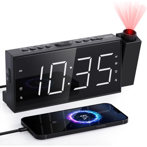Projection Alarm Clock with FM Radio Large Number Displa & Dimmer USB ...
