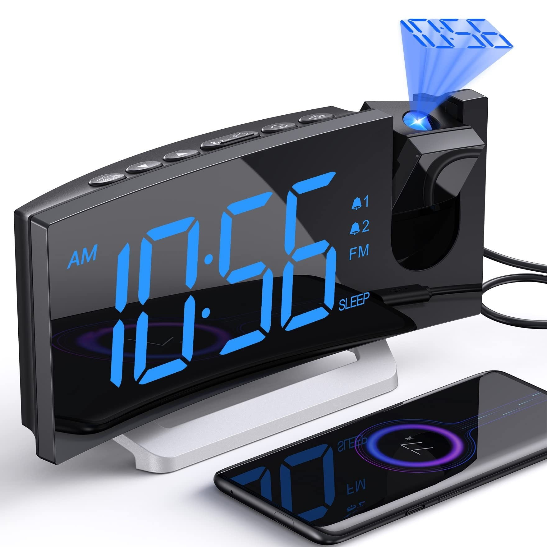 Projection Alarm Clock with FM Radio, USB Charging Port, 0-100% Dimmer ...