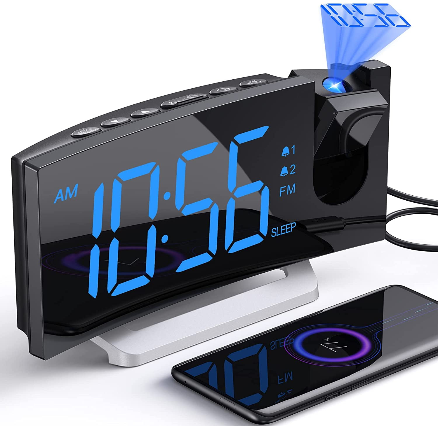 Projection Alarm Clock with FM Radio, USB Charging Port, 0-100% Dimmer, Dual Alarms, HD LED ...
