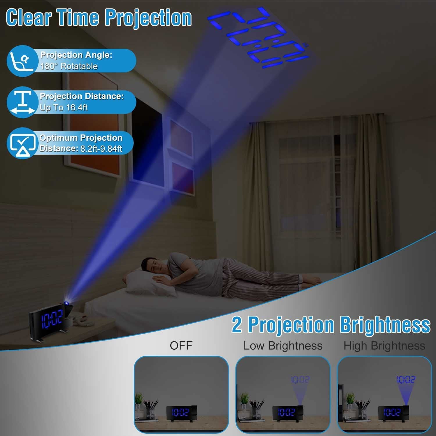Projection Alarm Clock with Radio Function, 7” LED Curved Screen ...