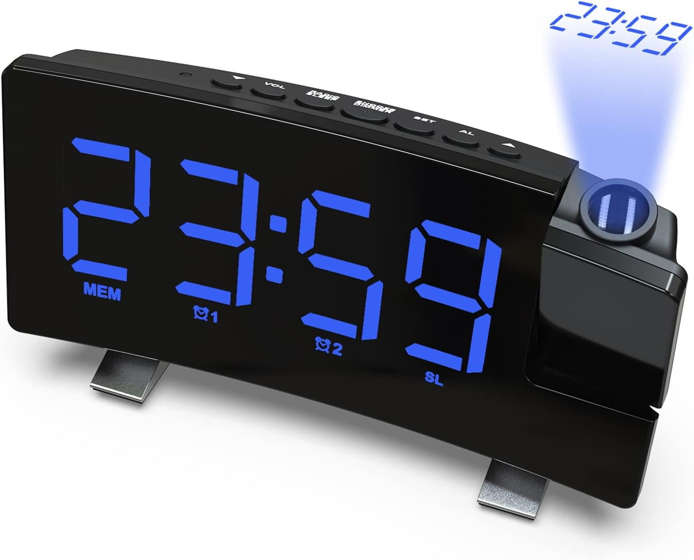 Projection Alarm Clock with Radio Function, 7” LED Curved Screen ...