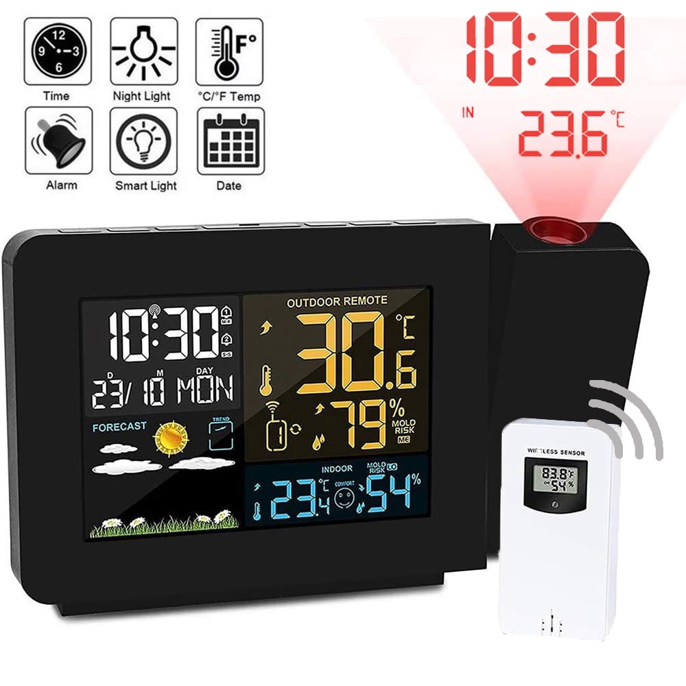 Projection Alarm Clock with Weather Station, Atomic Digital Alarm Clock ...