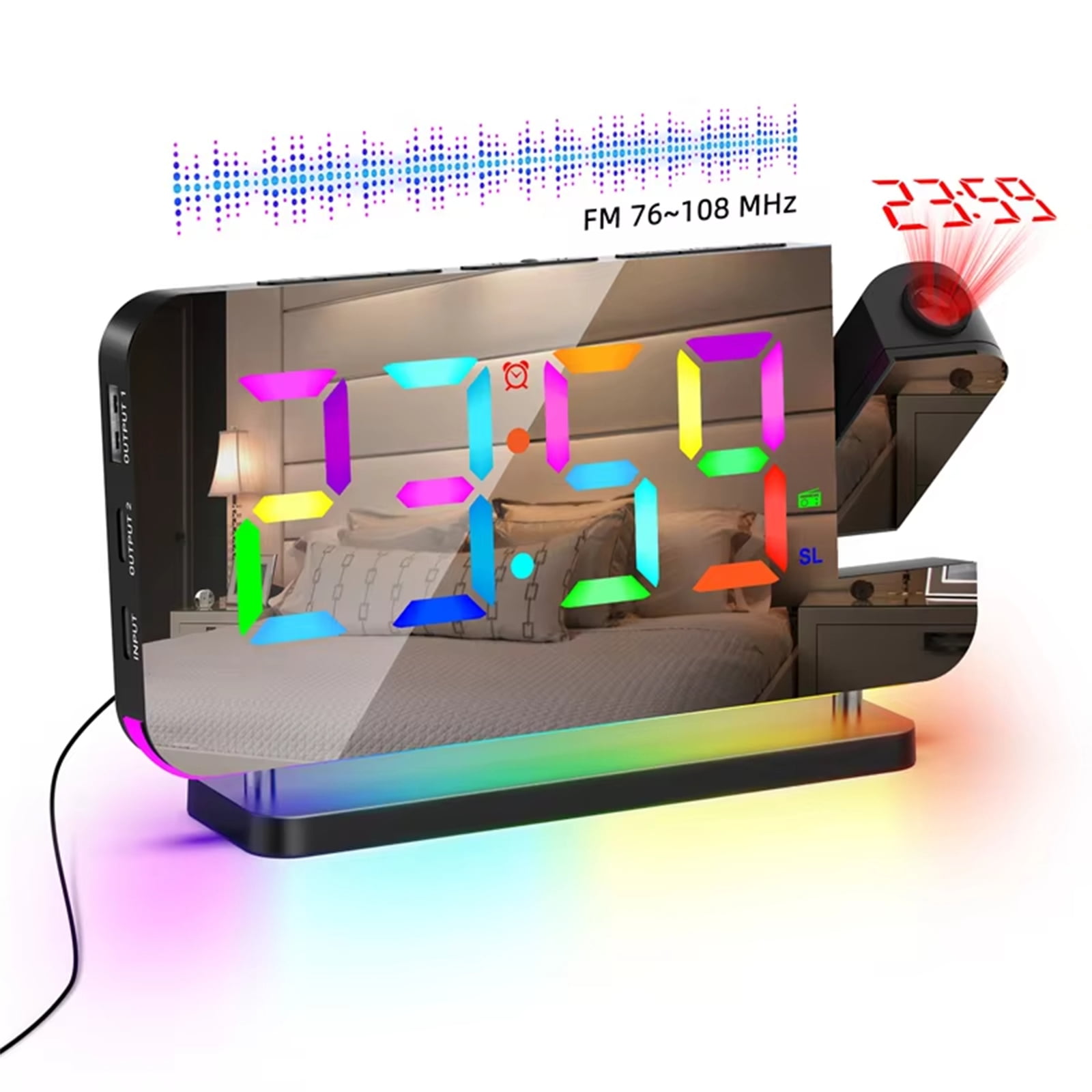 Projection Alarm Clock with RGB Night Light USB Charger Port Colorful ...