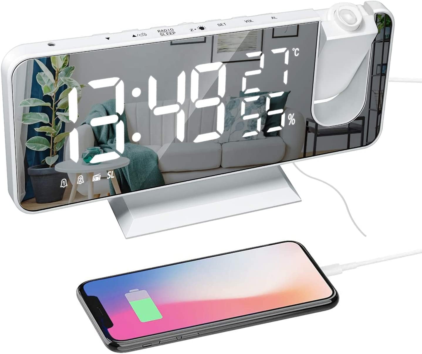 Projection Alarm Clock with USB Charger 180° Rotable Projector Alarm ...