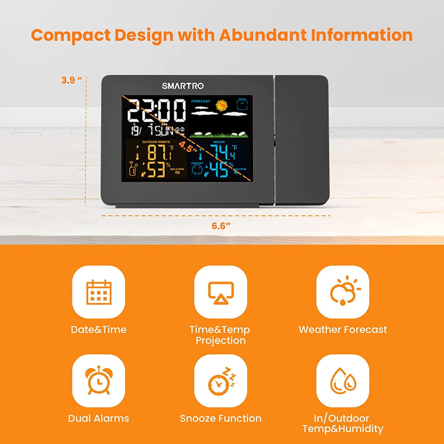 Projection Alarm Clock with Weather Station, Indoor Outdoor Thermometer ...