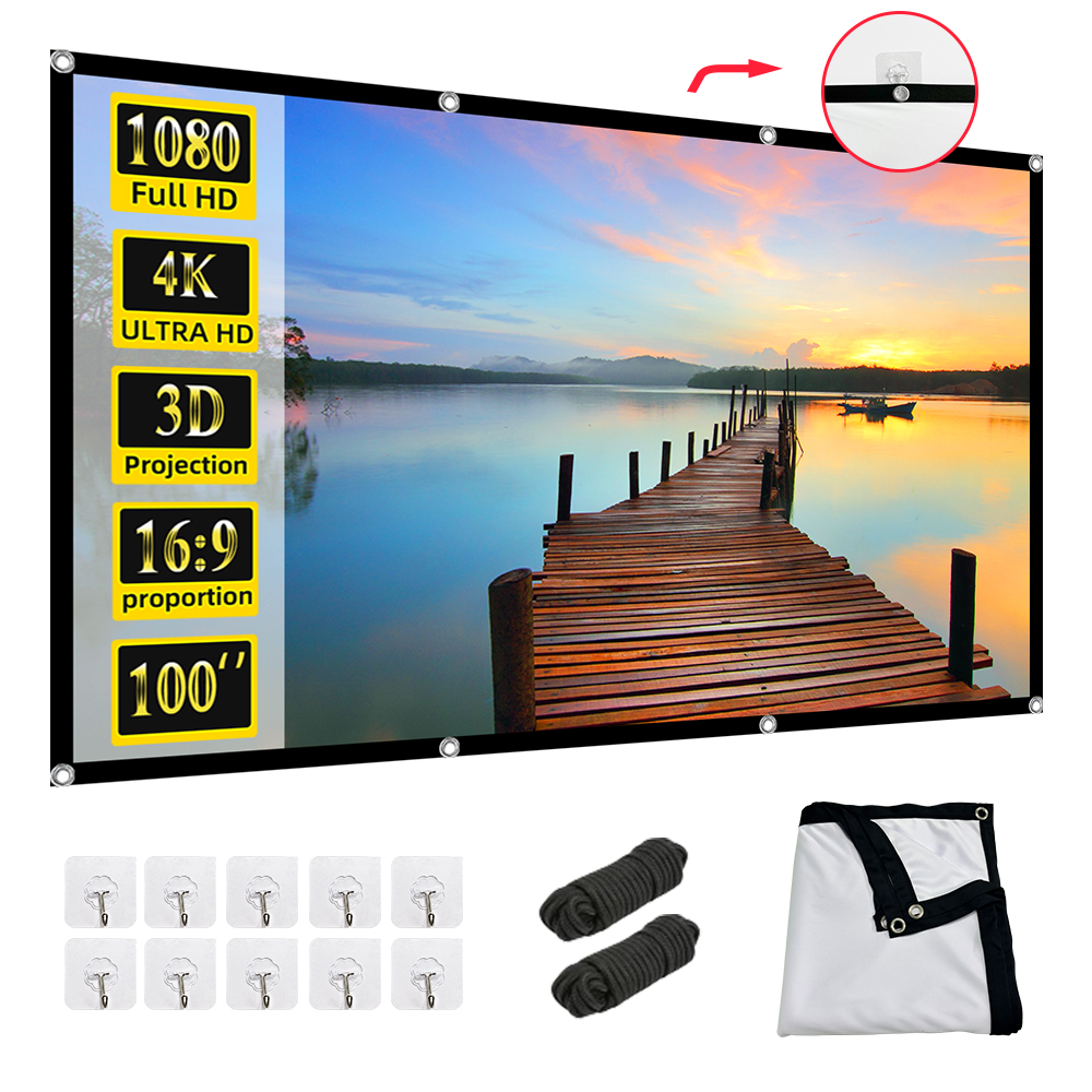 100 inch Projector Screen, 16:9 HD 4K Foldable No Crease Portable Video ...