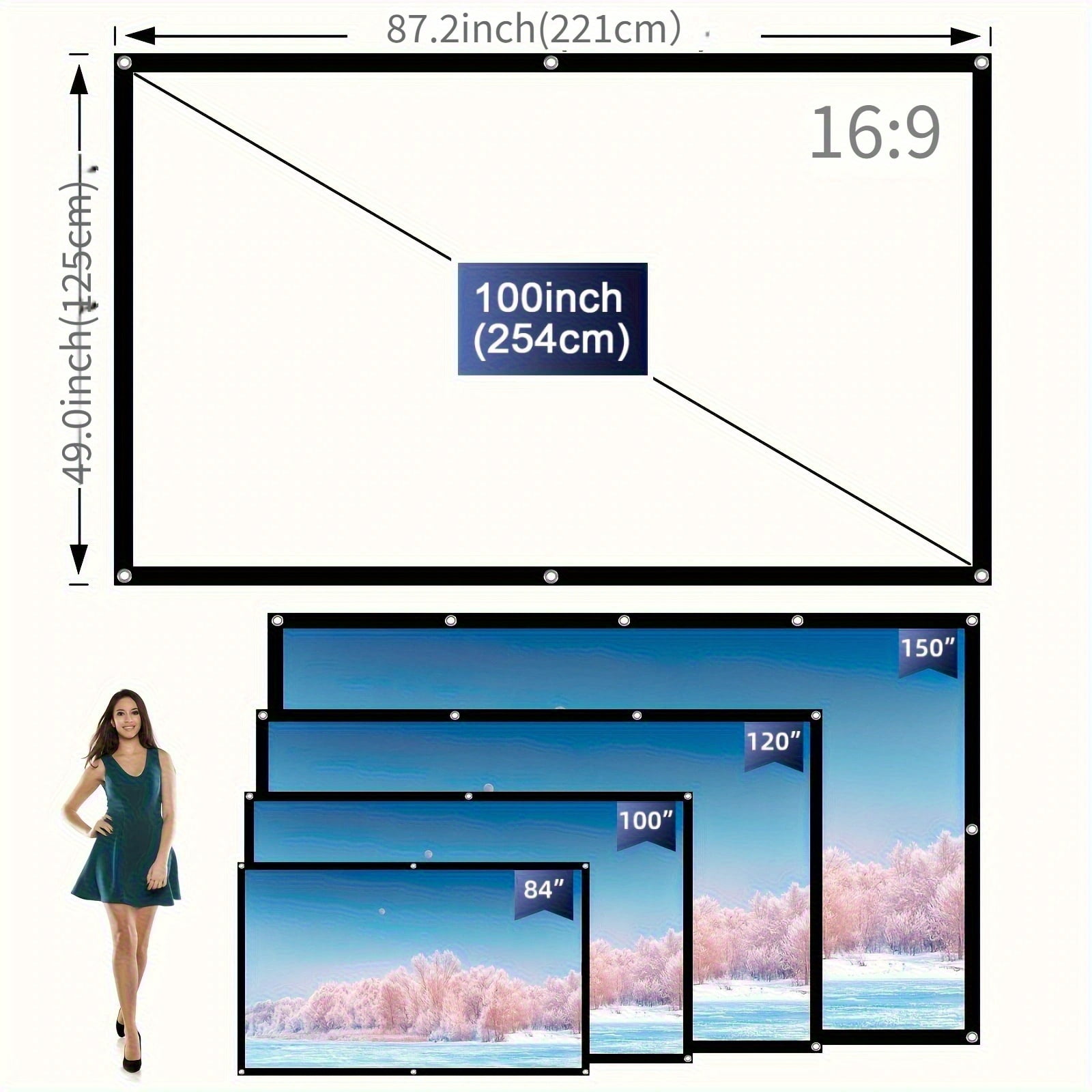 Projection Screen 60 72 84 100 120 150 inch Portable Movie Screen ...