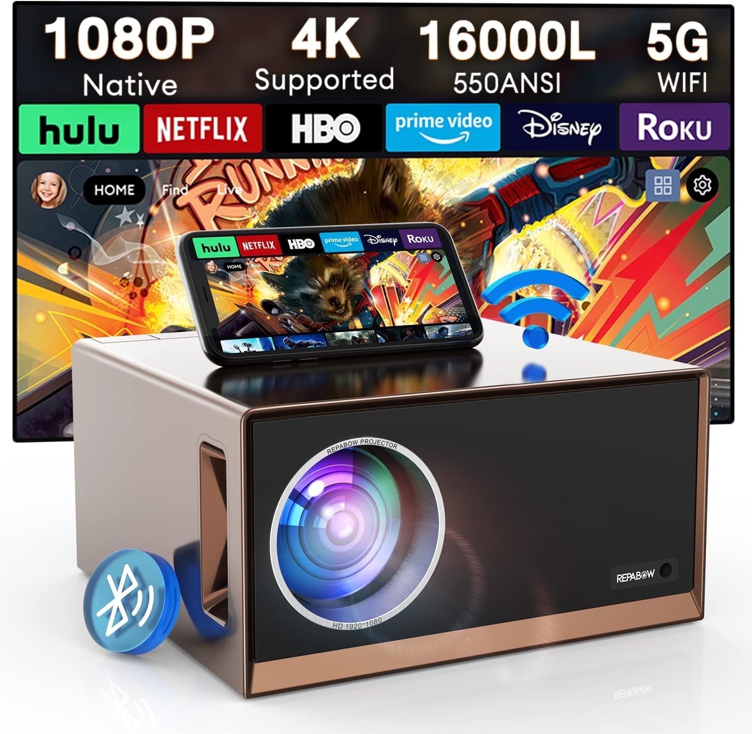 Repabow-Official Projector with 5G WiFi and Bluetooth, Native 1080P 4K ...